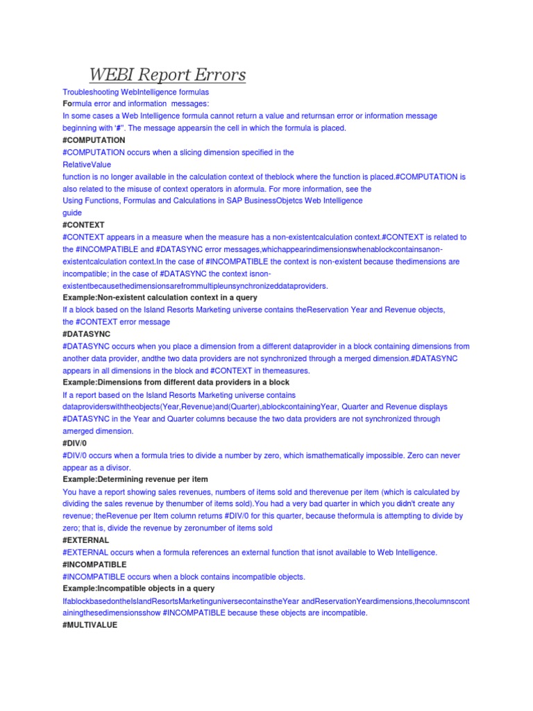 WEBI Report Errors | PDF