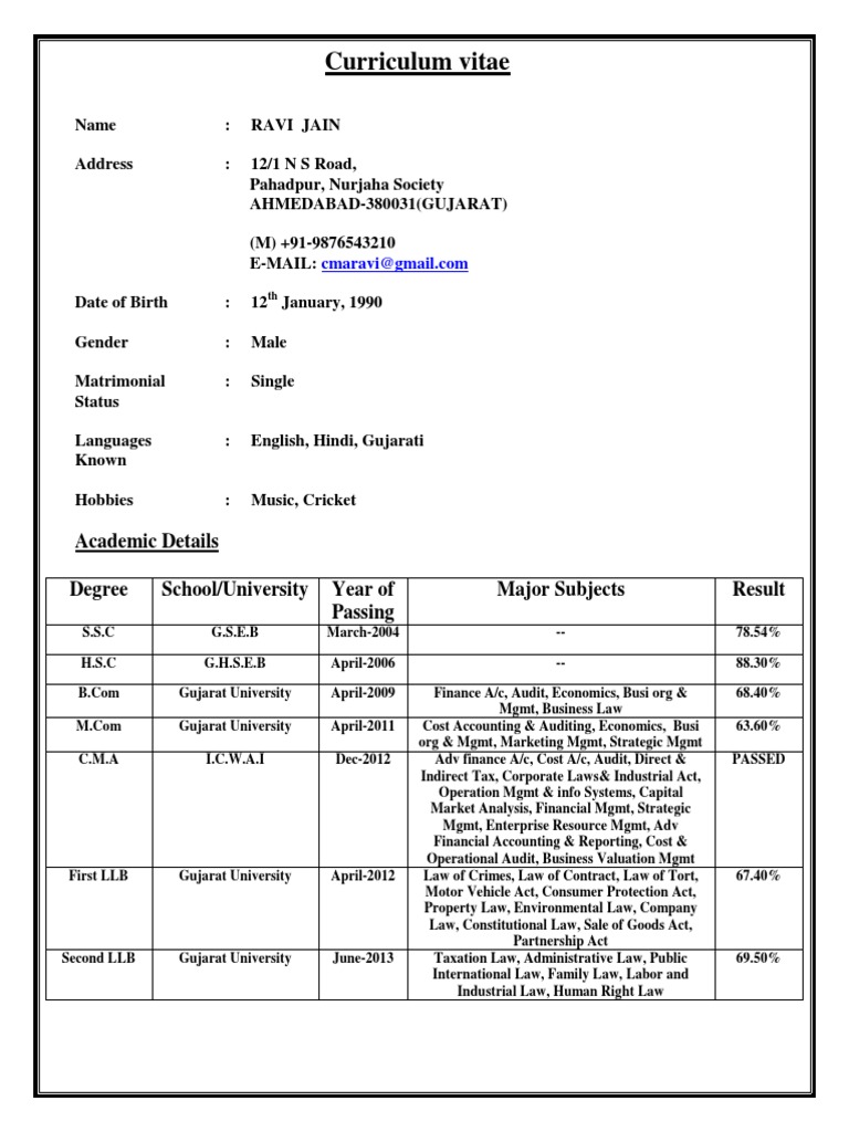CMA Candidate Resume: Ravi Jain | PDF | Business