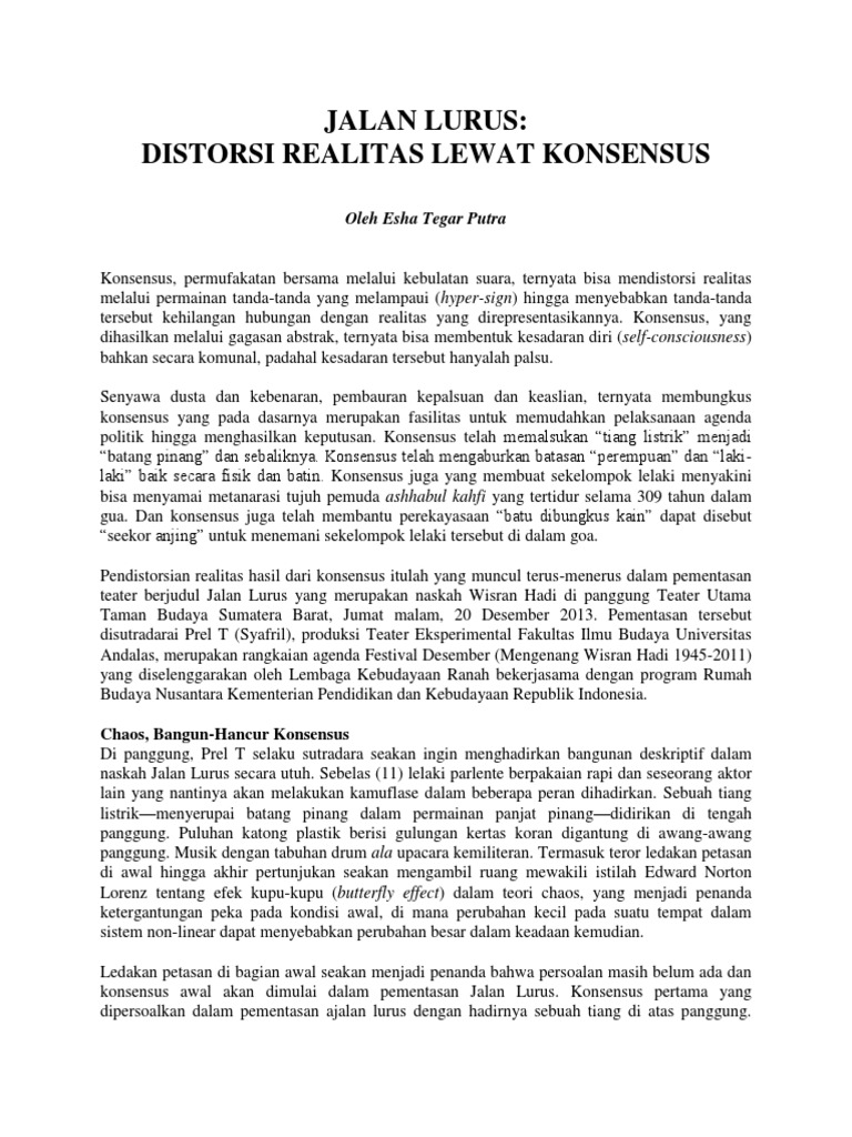 Pementasan Jalan Lurus, Distorsi Realitas Lewat Konsensus Oleh Esha Tegar Putra | PDF | Filsafat