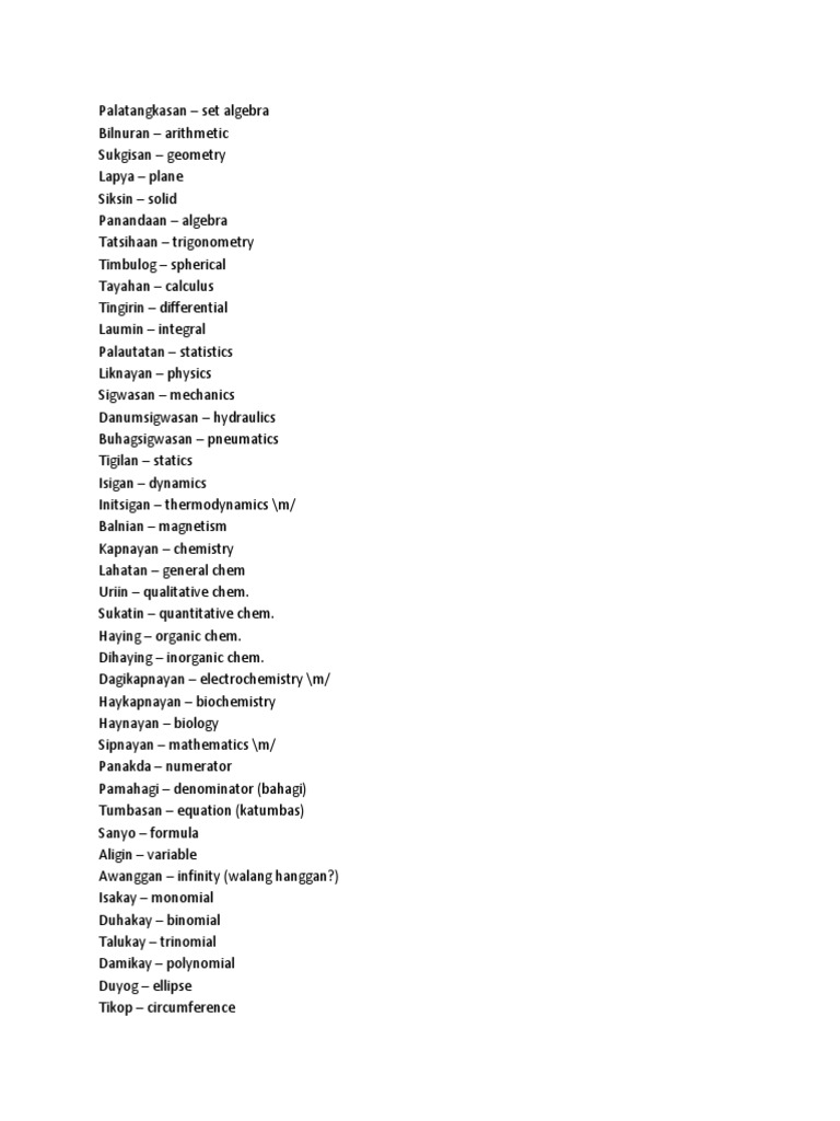 Mga Salita Sa Agham at Sipnayan Sa Filipino (Words in Mathematics and ...