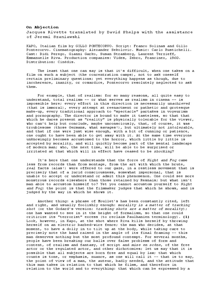 On Abjection. Jacques Rivette Translated by David Phelps With The ...