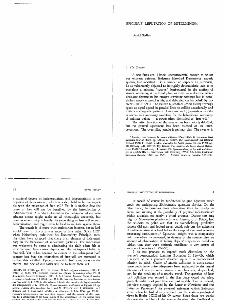 David Sedley - Epicurus' Refutation of Determinism | PDF | Indeterminism | Determinism