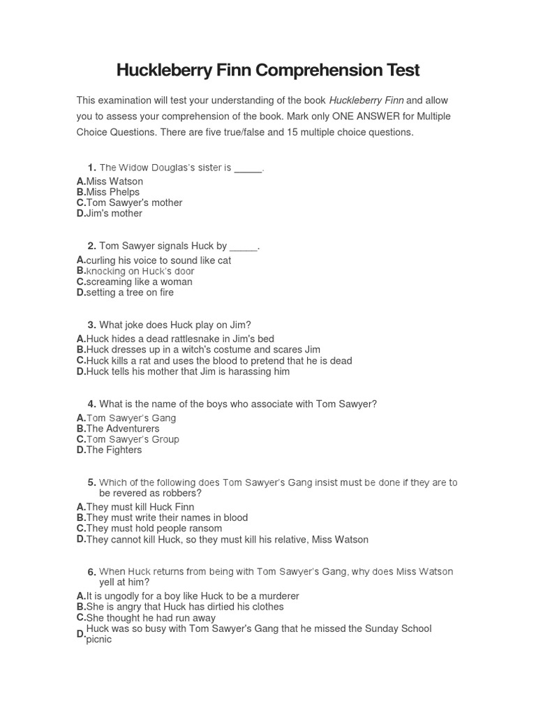Huckleberry Finn Quiz | PDF | Huckleberry Finn | Tom Sawyer