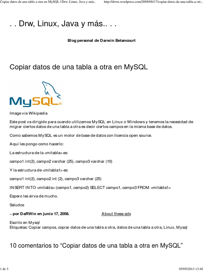 Copiar Datos de Una Tabla A Otra en MySQL - DRW, Linux, Java y Más ...