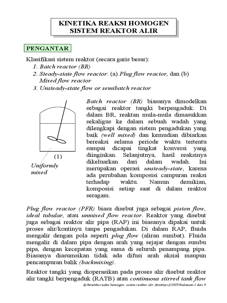 07 Handout Kinetika Reaksi Homogen Sistem Alir | PDF