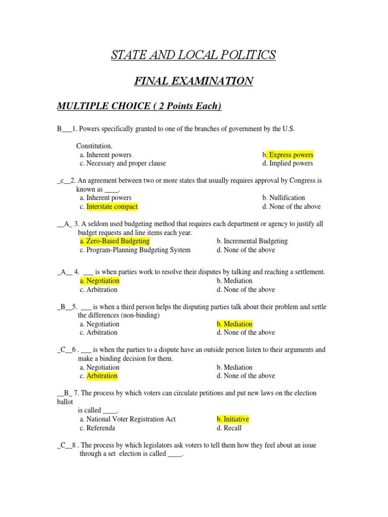 State and Local Politics - Final Exam | PDF | Federal Government Of The ...