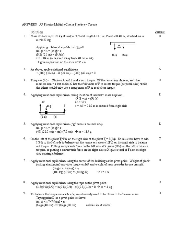 3c-Torque MC Practice Problems-ANSWERS | PDF | Torque | Natural Philosophy