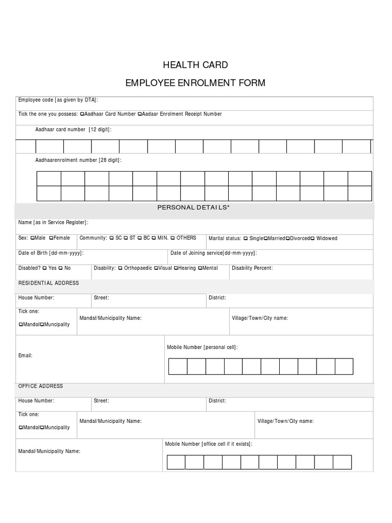 Employee Enrolment Form (Health Card) | PDF | Official Documents ...