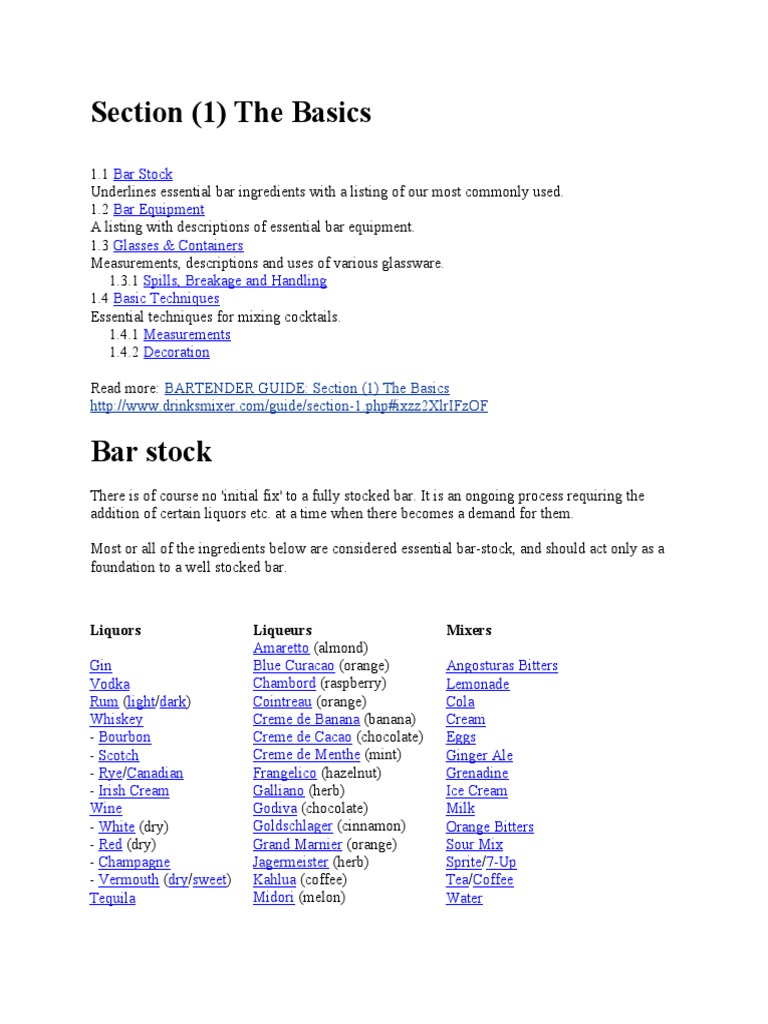 Basic Techniques BARTENDING | PDF | Drink | Cocktails