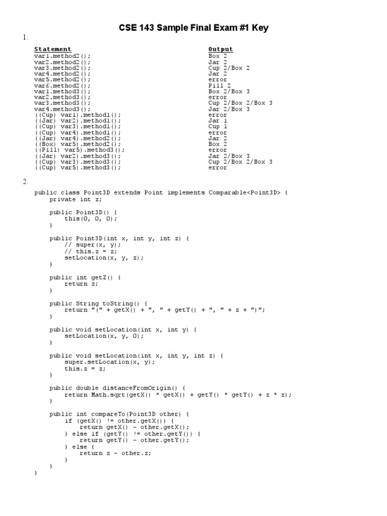 CSE 143 Sample Final Exam #1 Key: Statement Output | PDF