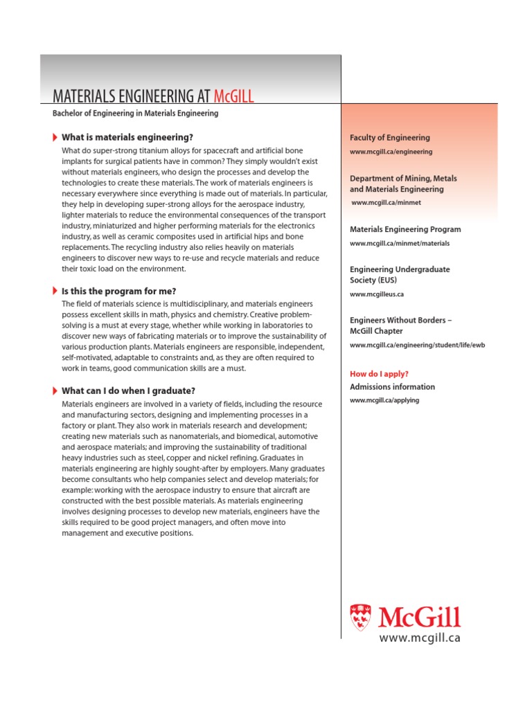 Materials Engineering At: Mcgill | PDF | Materials Science | Engineer