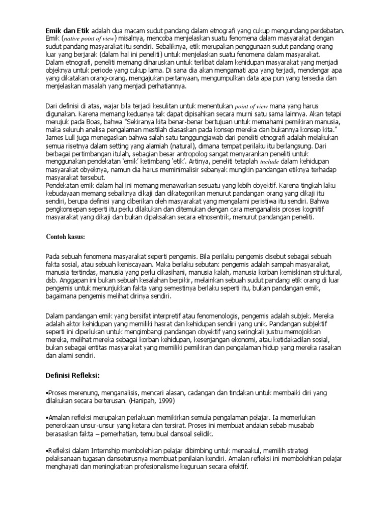 Emik Dan Etik Adalah Dua Macam Sudut Pandang Dalam Etnografi Yang Cukup Mengundang Perdebatan | PDF