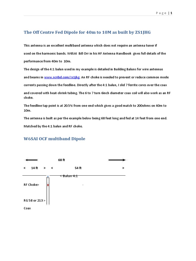 OCF-Dipole 40m to 10M