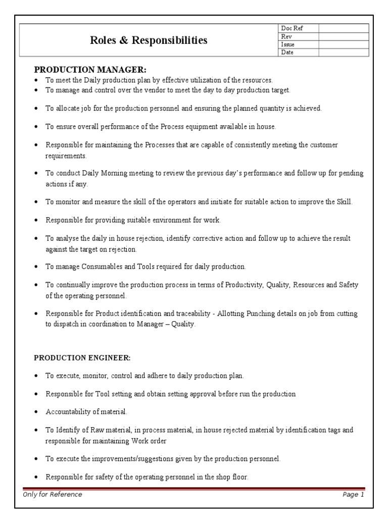Roles & Responsibilities | Production And Manufacturing | Industries