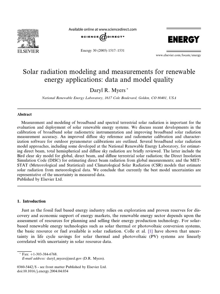 Solar Radiation Modeling and Measurements For Renewable Energy ...