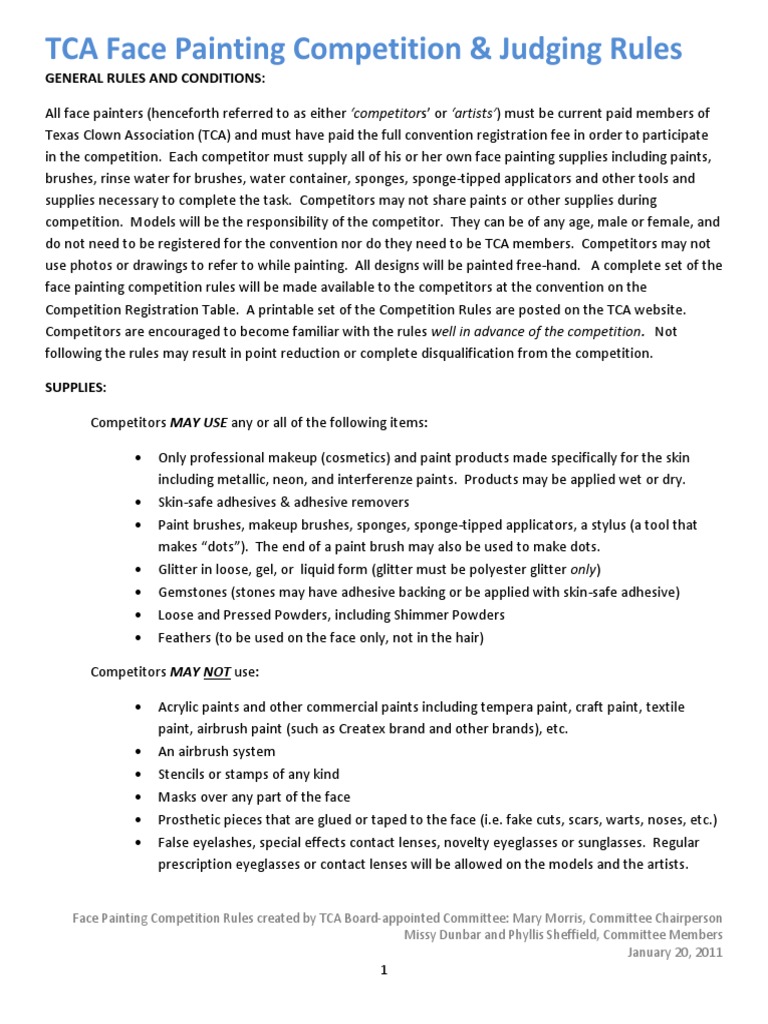 TCA Face Painting Rules Rev 1 | PDF | Cosmetics | Paintings
