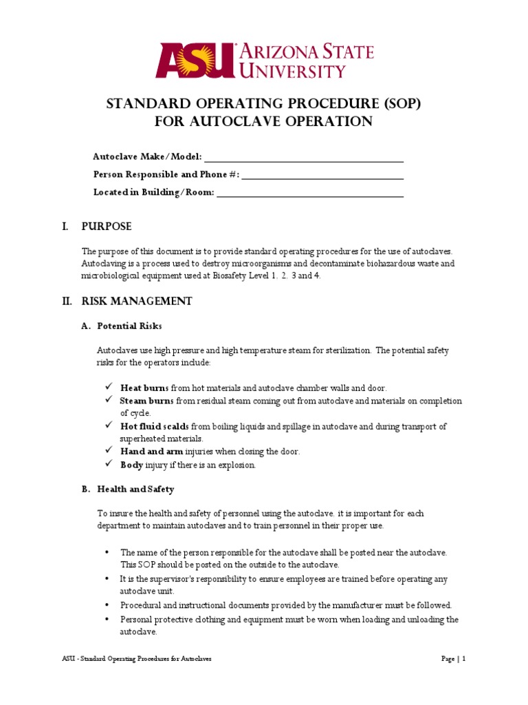 Autoclaves Standard Operating Procedure (Sop) | PDF | Steam ...