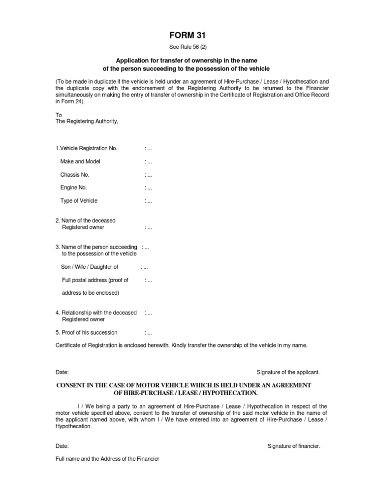 Form 31: Application For Transfer of Ownership in The Name of The ...