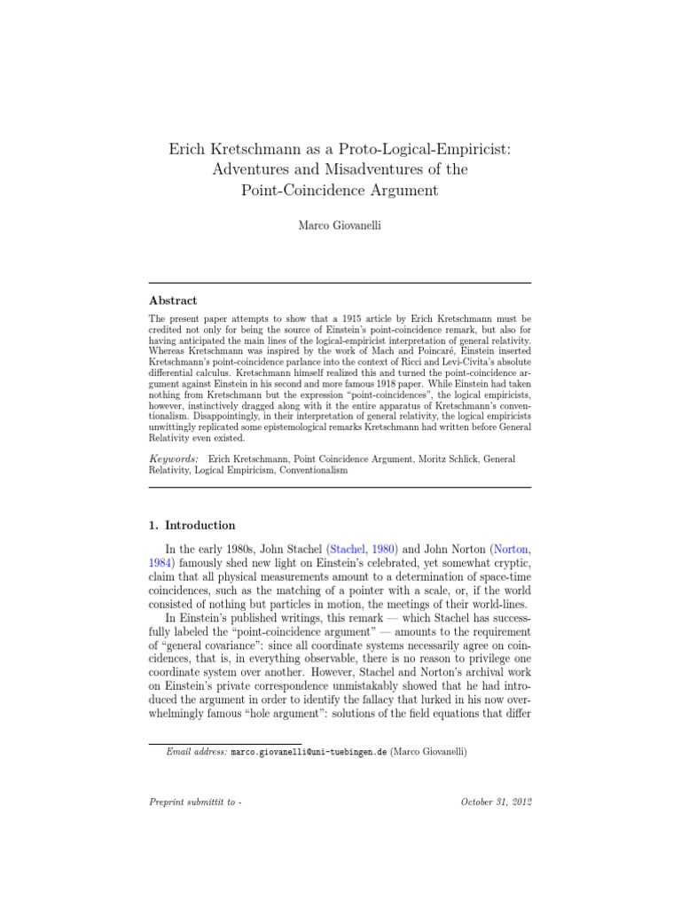 Giovanelli, Marco (2012) Erich Kretschmann As A Proto-Logical-Empiricist. Adventures and ...