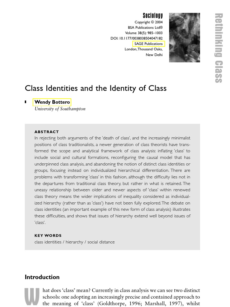 Class Identities and The Identity of Class - Bottero | PDF | Identity ...