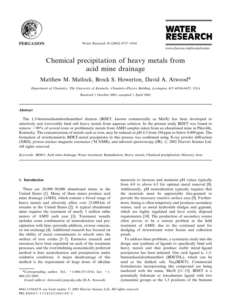 Chemical Precipitation of Heavy Metals From Acid Mine Drainage | PDF ...