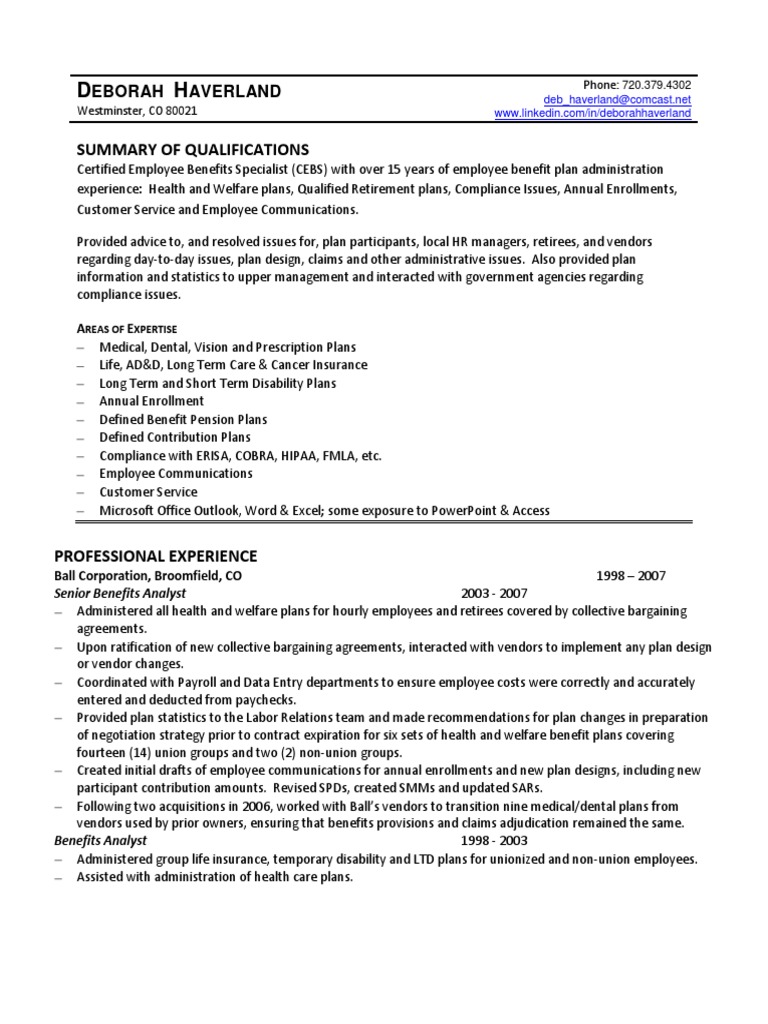 Employee Benefit Specialist CEBS in Westminster CO Resume Deborah ...