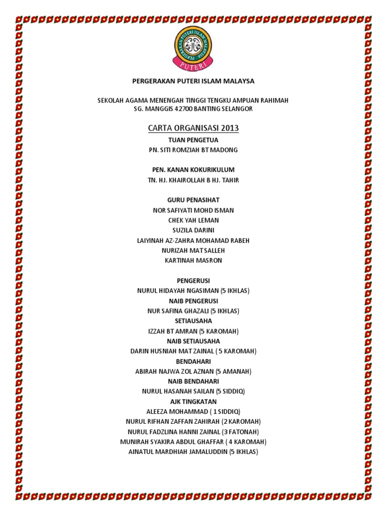Carta Organisasi Pergerakan Puteri Islam Malaysa Sekolah | PDF