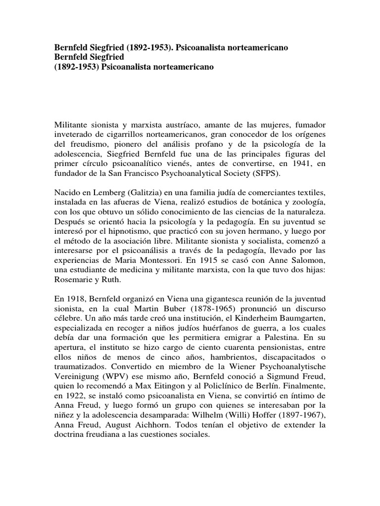 Bernfeld Siegfried | PDF | Psicoanálisis | Sigmund Freud