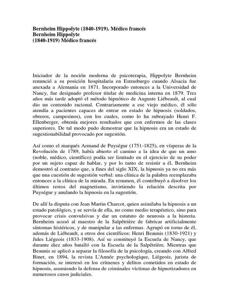Bernheim Hippolyte | PDF | Hipnosis | Sigmund Freud