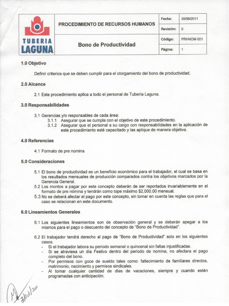 Procedimiento De Bono De Productividad Pdf