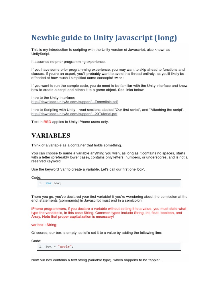 Newbie Guide To Unity Javascript Pdf Inheritance Object Oriented Programming Control Flow 