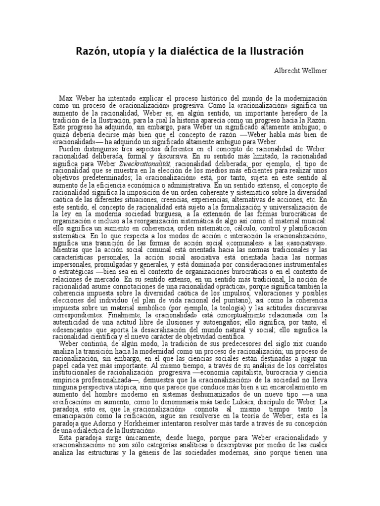 Albrecht Wellmer, Razón, Utopía y La Dialéctica de La Ilustración | PDF ...