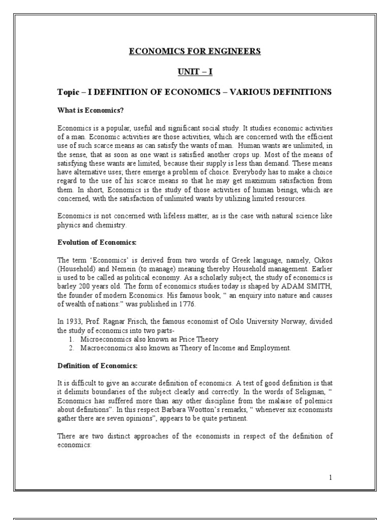 Unit I Definition of Economics | PDF | Economics | Wealth