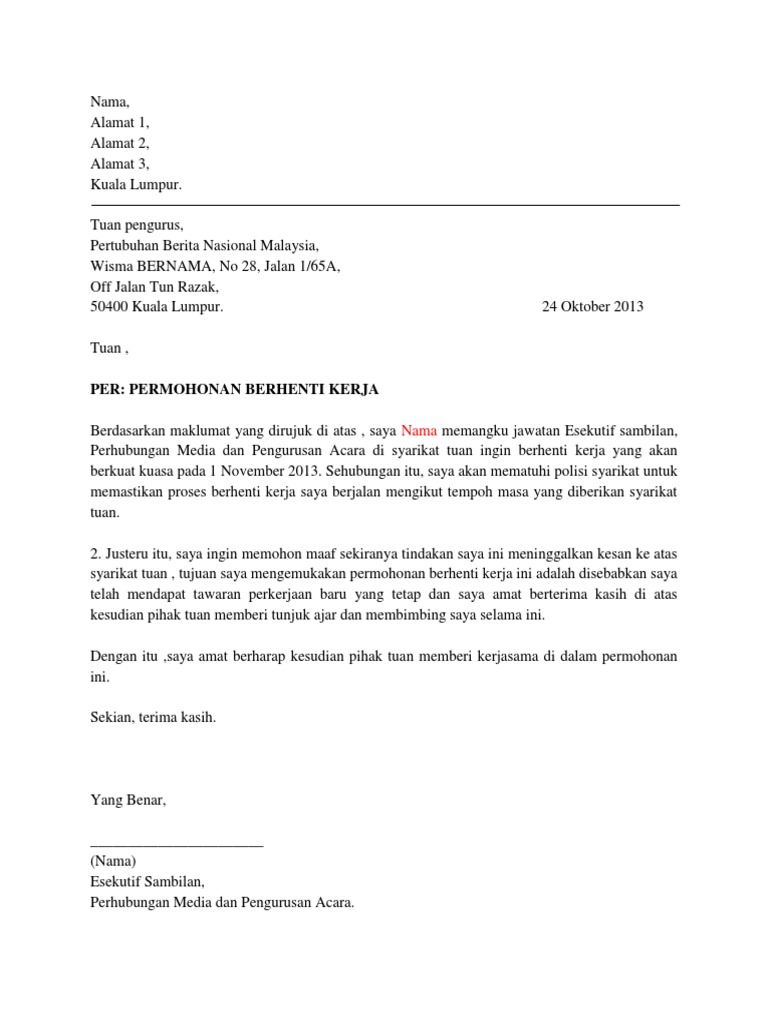 Contoh Surat Berhenti Kerja Pdf