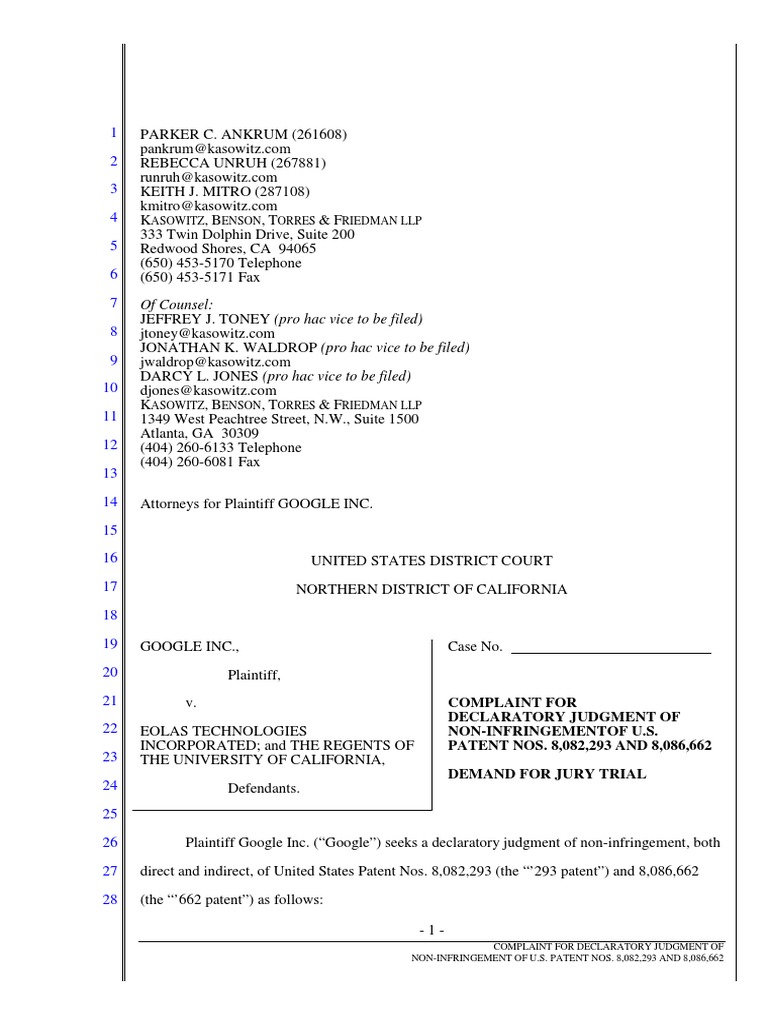 Google Patent Non-Infringement Complaint | PDF | Declaratory Judgment | Patent