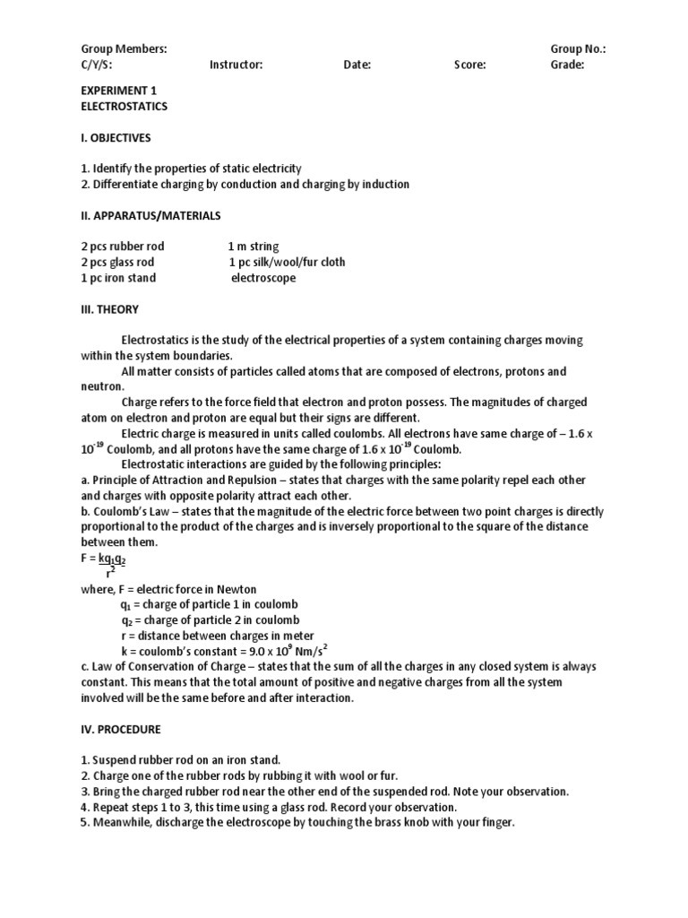 Experiment 1 Electrostatics I. Objectives | PDF | Electric Charge ...