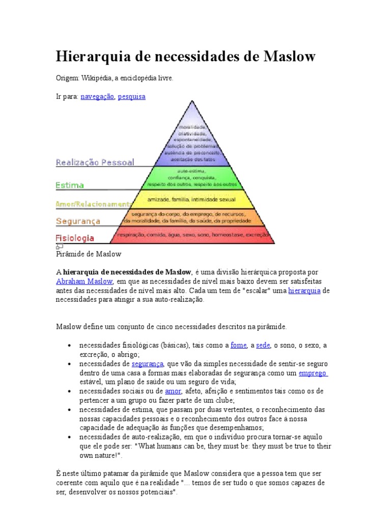 Hierarquia de Necessidades de Maslow | PDF | Cognição | Ciência cognitiva