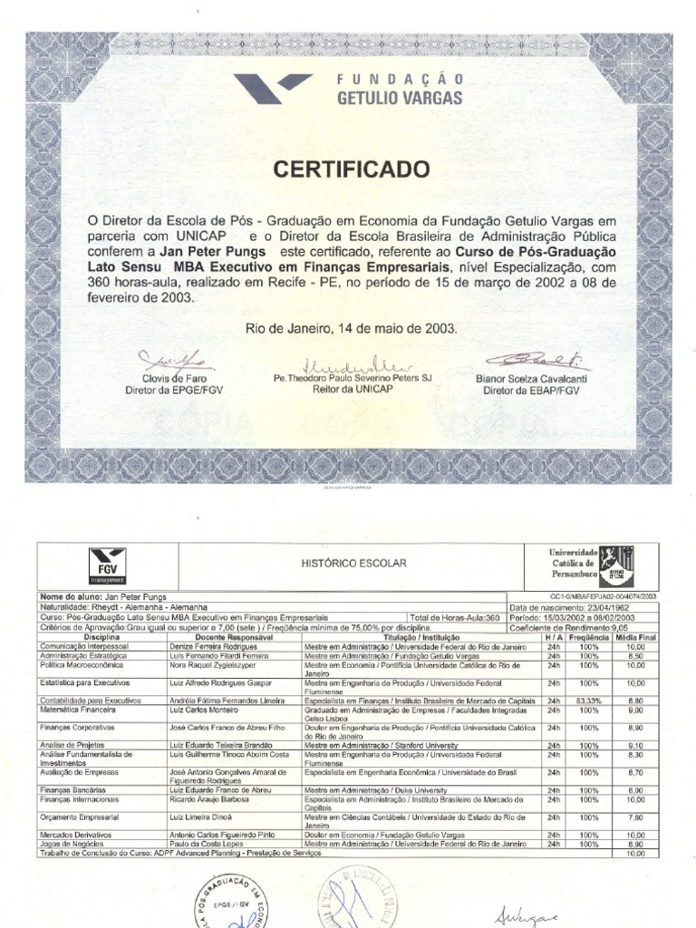CERTIFICADO FGV - MBA Executivo Finanças | PDF