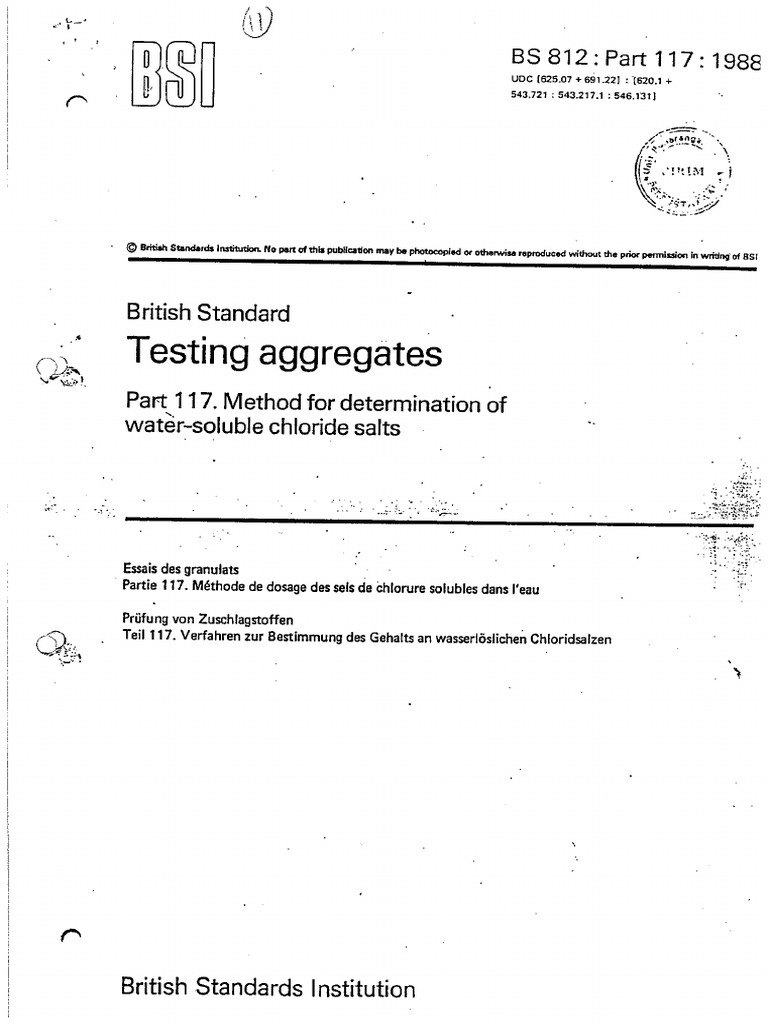 No 11 - BS 812 - Part 117 1988 - Determine Water Soluble Chloride Salts ...
