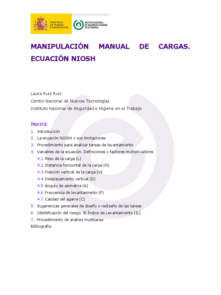 Ecuacion NIOSH Ergonomia PDF | PDF