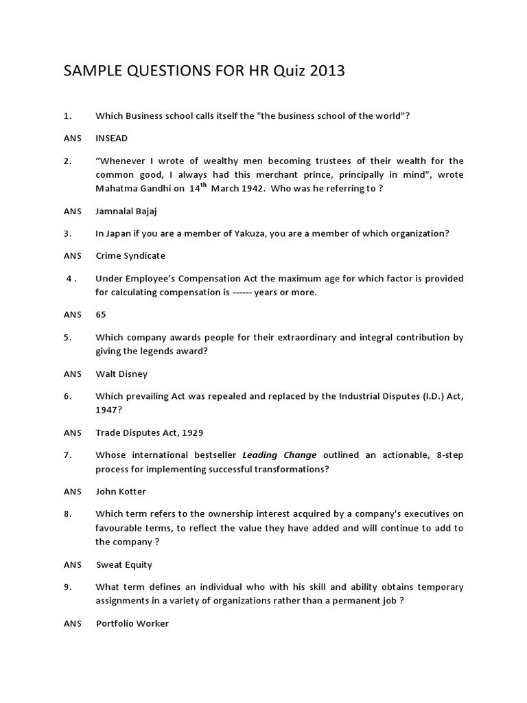 Sample Questions for HR Quiz 2013: Answers to Common Human Resources ...