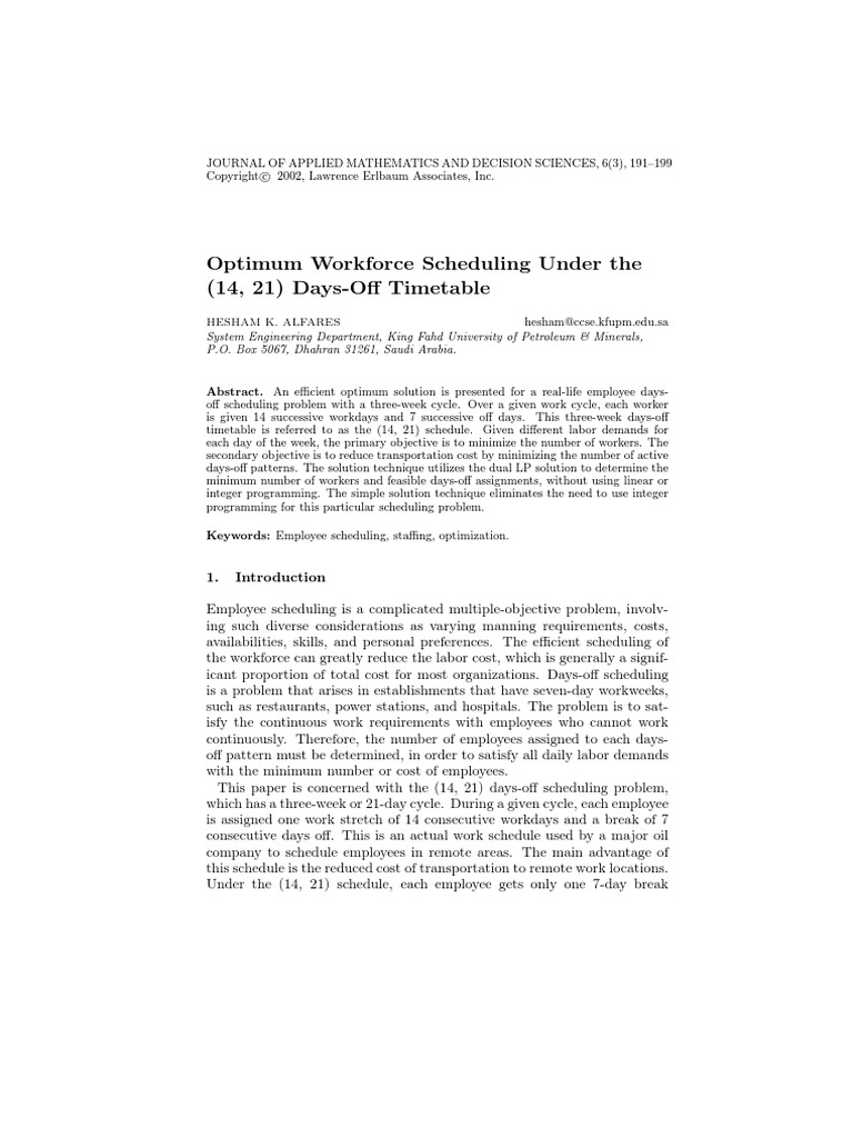 Optimum Workforce Scheduling Under The (14, 21) Days-Off Timetable | PDF | Mathematical ...