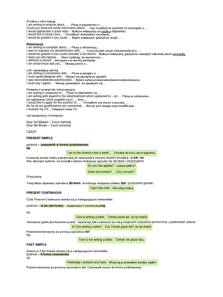 ANGIELSKI - List Formalny Zwroty I Czasy