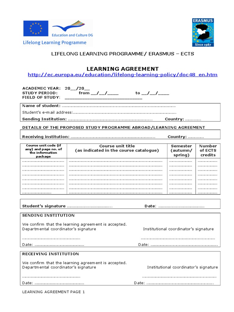 Learning Agreement: Lifelong Learning Programme/ Erasmus - Ects | PDF