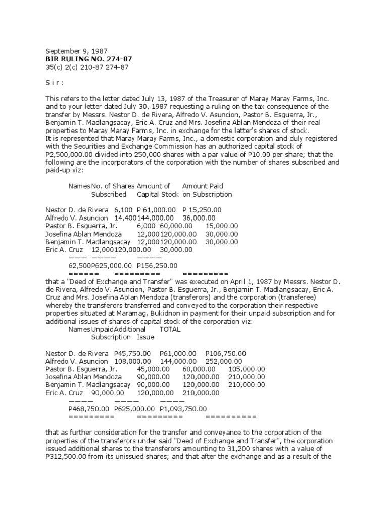 BIR Ruling No 274-87 | Cost Basis | Stocks