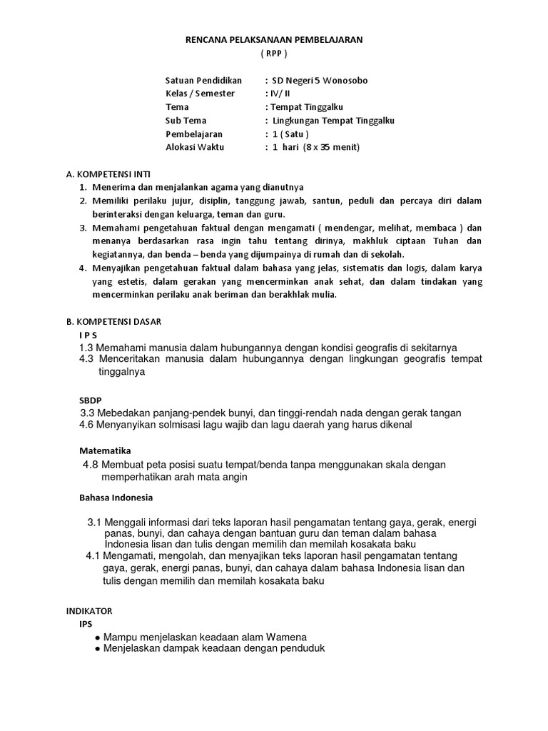 RPP Kelas IV Tema 8 Subtema 1 | PDF