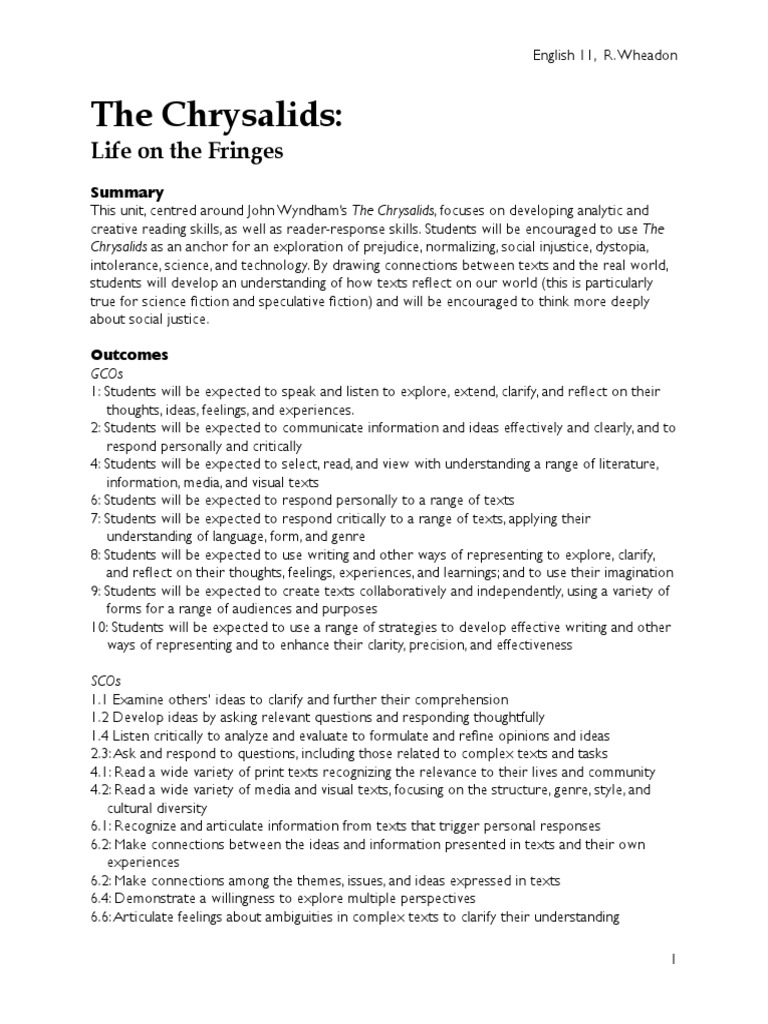 The Chrysalids: Dystopian Unit Plan | PDF | Reading Comprehension ...