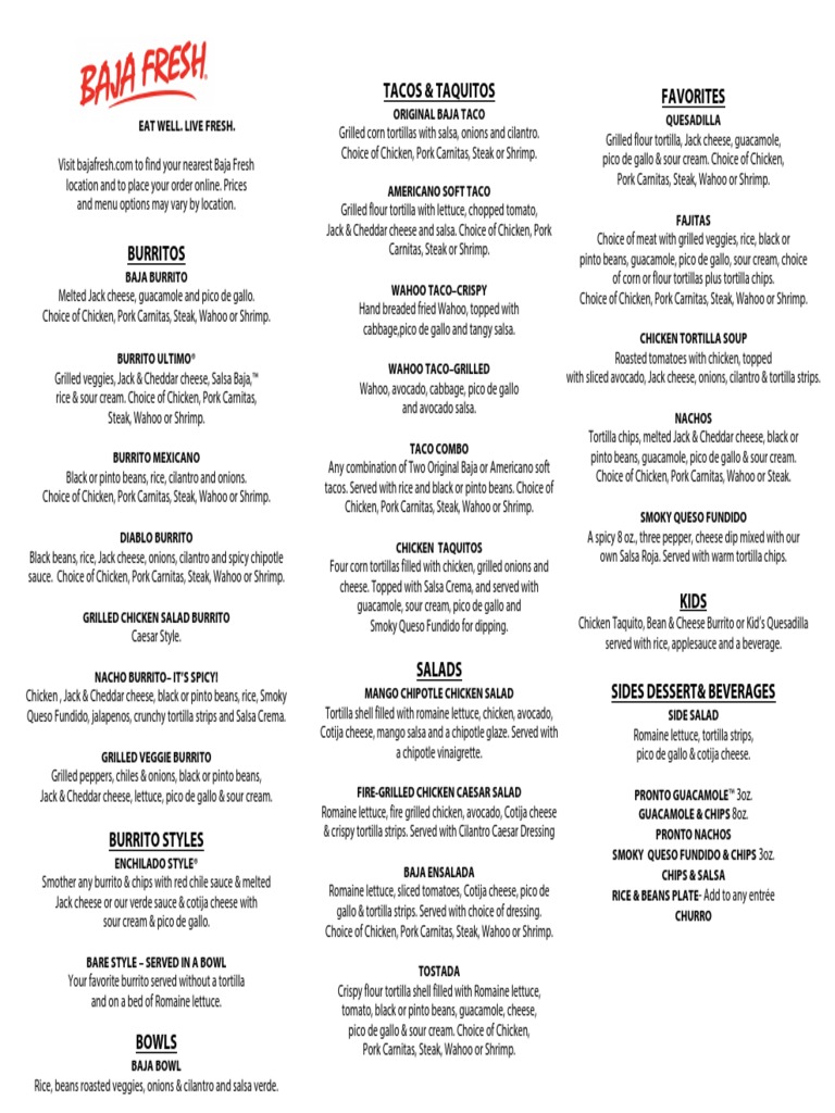 Baja Fresh Faxable Menu | Burrito | Taco