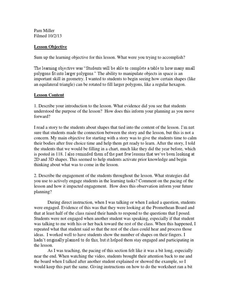 Math Lesson Reflection | PDF | Educational Assessment | Metacognition