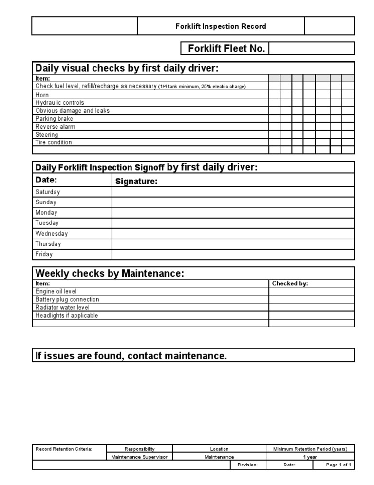 Forklift Inspection Record | PDF | Transportation Engineering ...